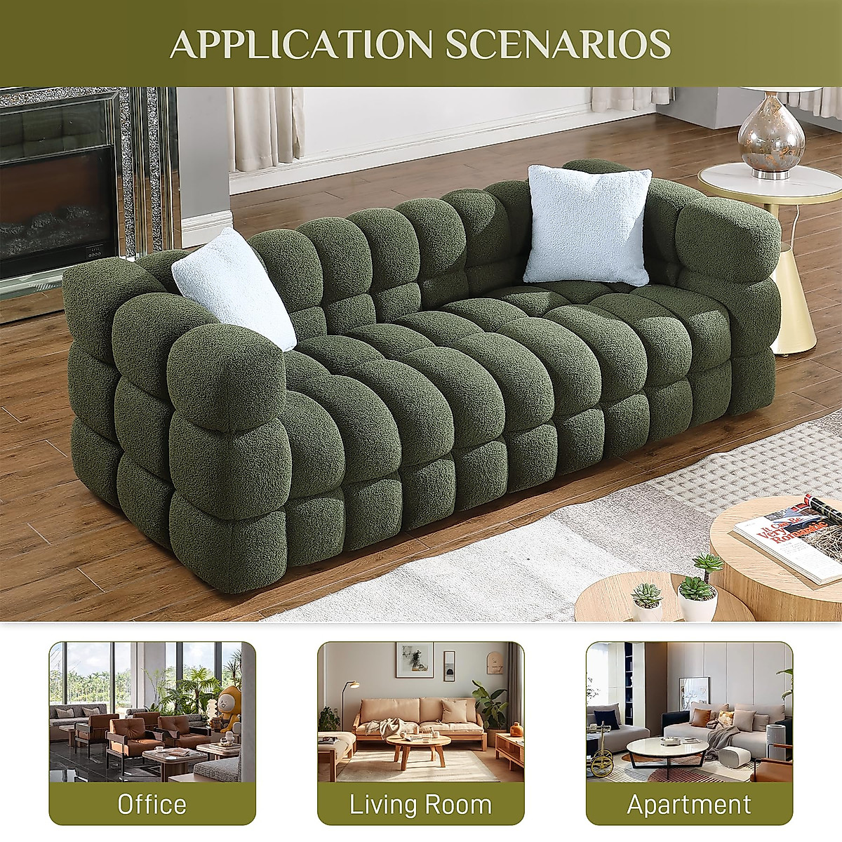 Wrofly Boucle Sofa Couch, 84.3" Comfy Upholstered Sherpa Deep Seat Cloud Couch, Cozy Modern Tufted 3 Seater Couch with 2 Pillows for Living Room Apartment Office, Olive Green