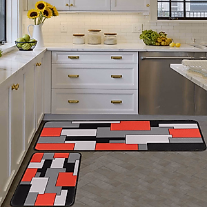Kitchen Rugs Set of 2- Red, Black, and Grey Modern Geometric Non-Slip Washable Floor Mats - Comfort Sink and Laundry Room Runner - Contemporary Abstract Art Design Decor 17x47.2 and 17x30 inches