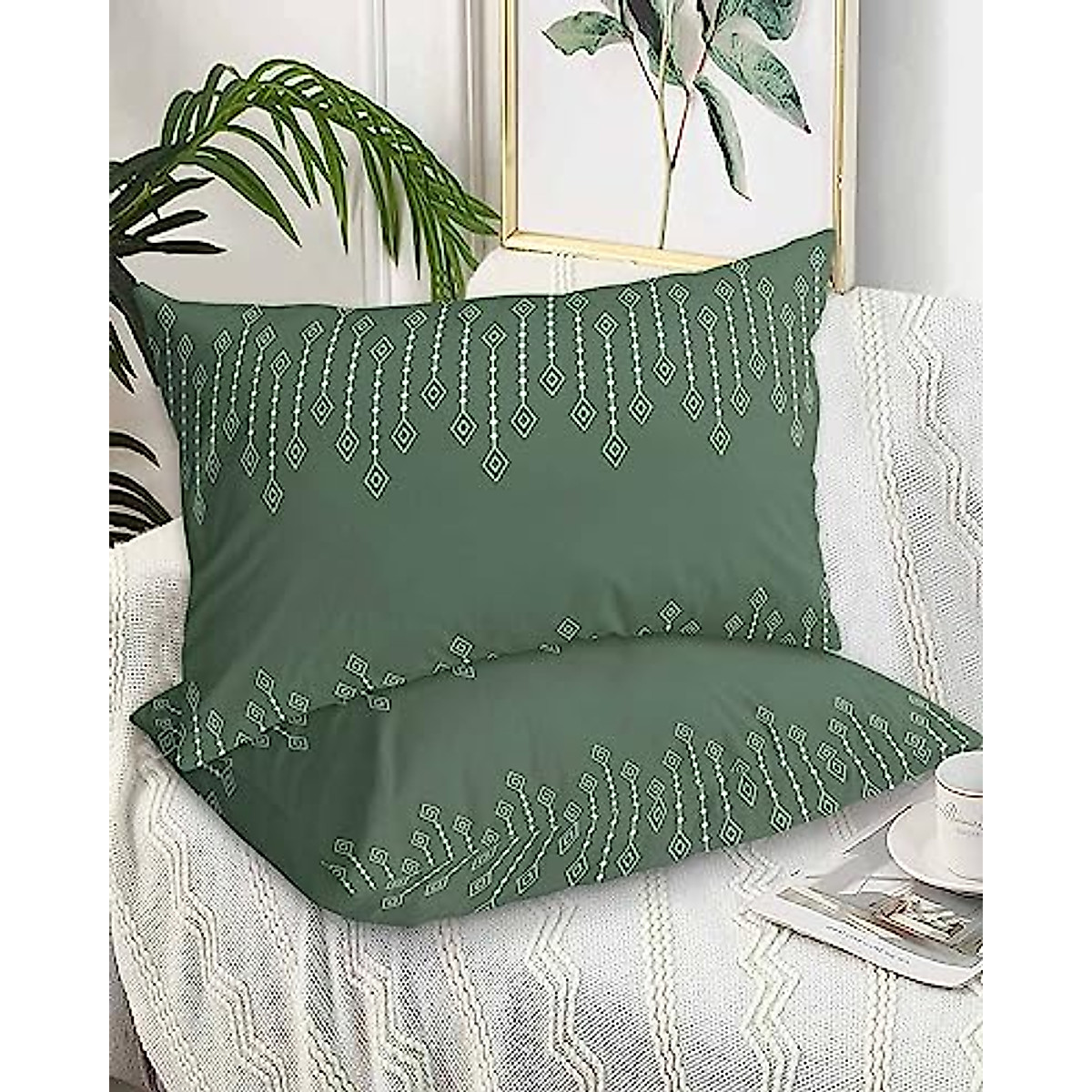 Edwiinsa Teal Geometric Pillow Covers Standard Size Set of 2 20x26 Bed Pillow, Boho White Modern Abstract Art Plush Soft Comfort for Hair/Skin Cooling Pillowcases with Envelop Closure