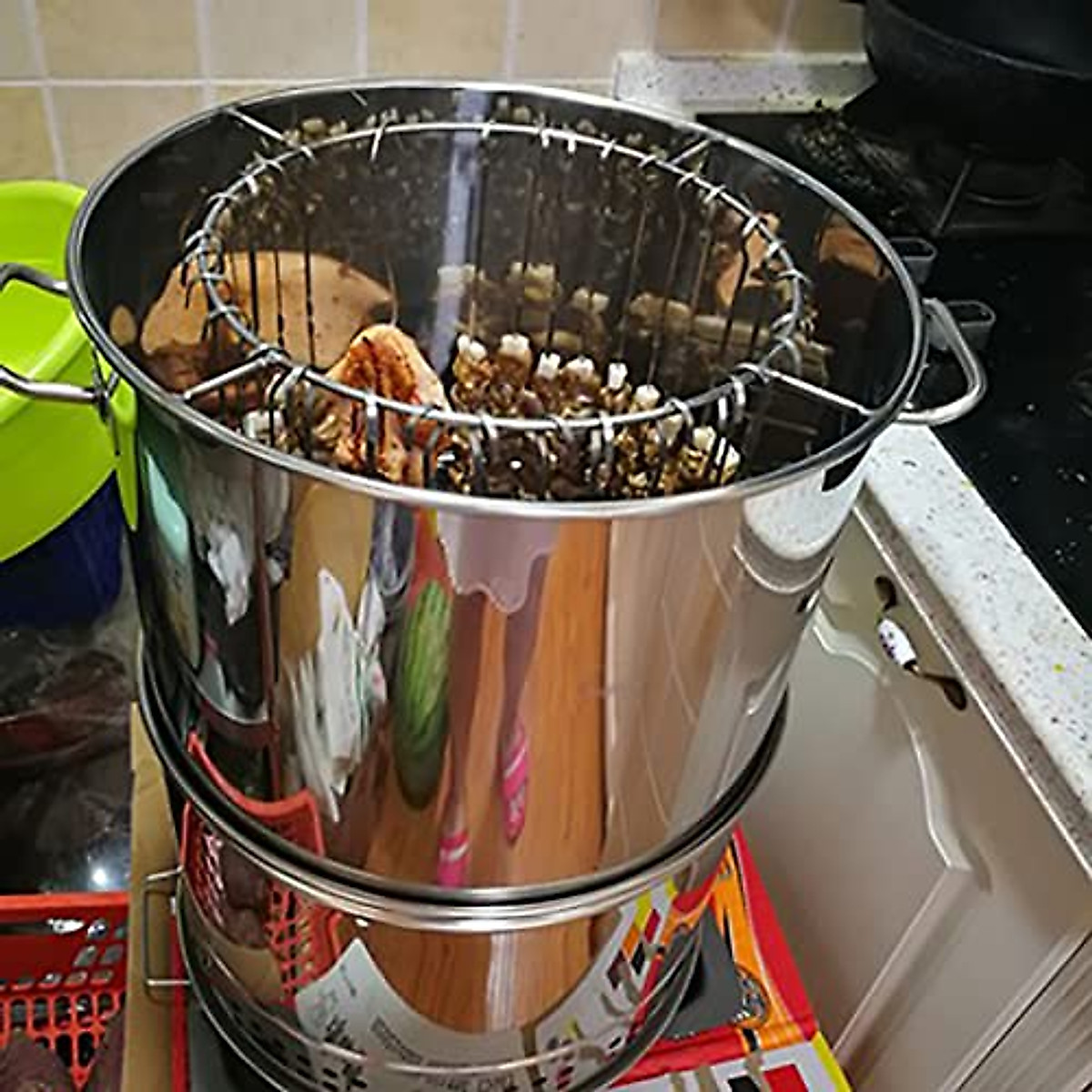 WANGF Charcoal BBQ Hanging Stove Charcoal Braised Grill Barrel Large Capacity Barbecue 201 Stainless Steel Split Oven 360° All Round Roasting Oil Charcoal Separation 60 * 53 * 40cm