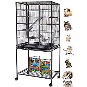 54" Large Wrought Iron 4-Level Tight 1/2-inch Wire Spacing Ferret Chinchilla Sugar Glider Rats Mices Rabbit Squirrel Hamster Cage with Removable Stand (25" L x 17" W x 54" H, Black Vein)