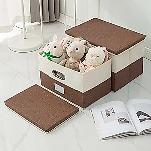 SZSJA Fabric Bins with Lids Linen Storage Boxes with Lids, Collapsible Storage Cubes 3 Pack Stackable Closet Storage Bins, Foldable Cloth Organizer Containers for Bedroom Storage