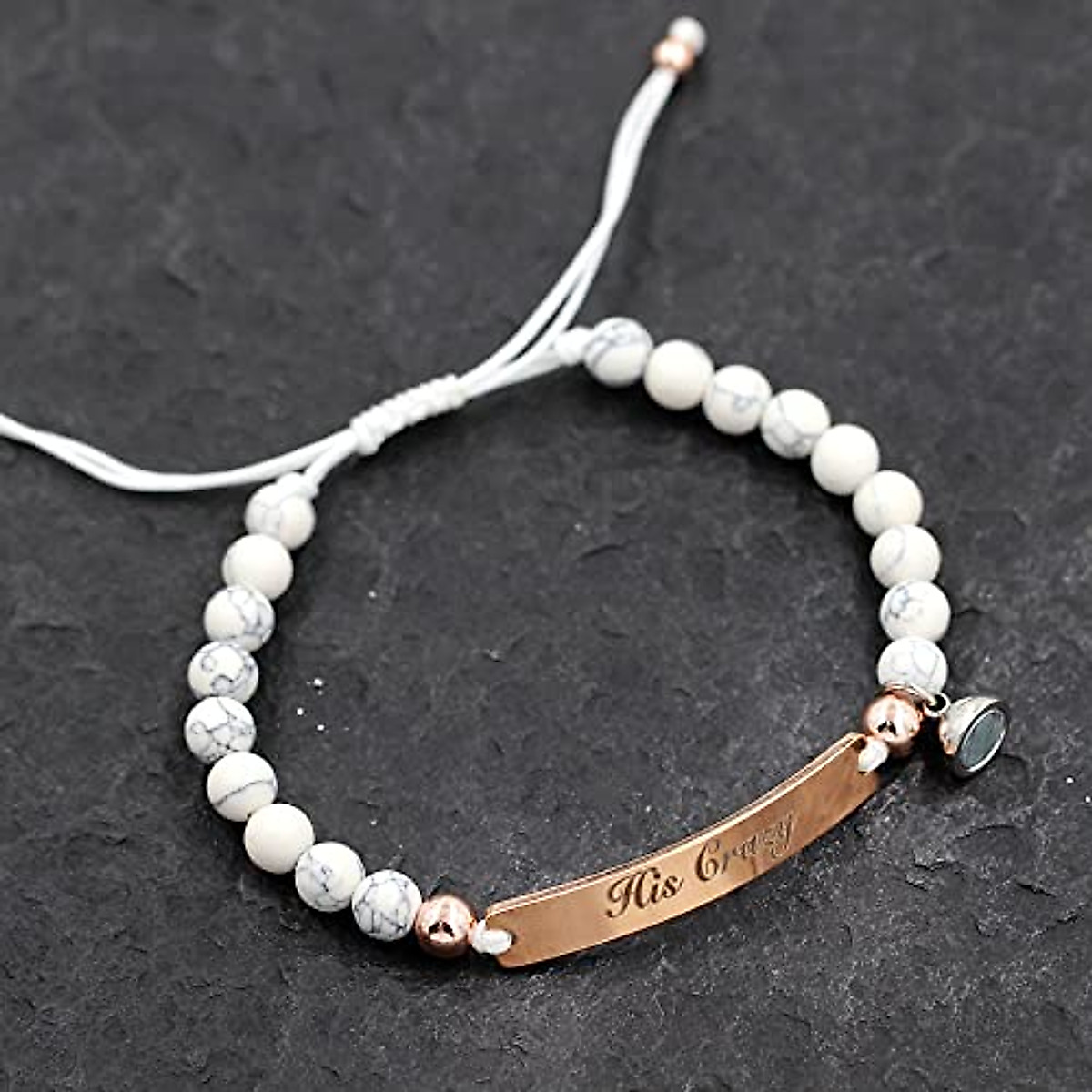 Uloveido His Crazy Her Weirdo Couple Bracelets Stainless Steel ID and Natural Beads Handmade Braided Rope Bracelet Set for Men Women Adjustable (His Crazy Her Weirdo)