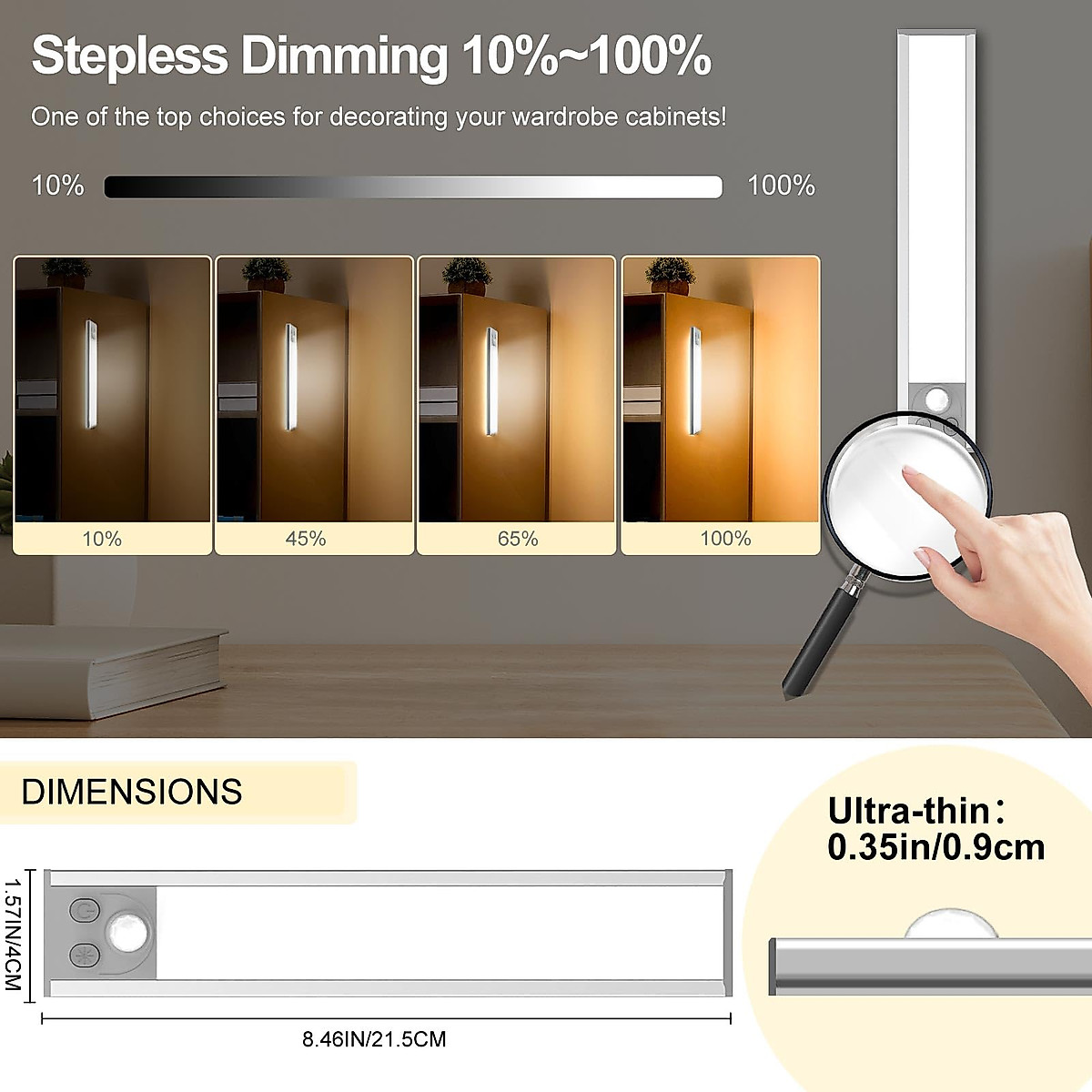 Led Under Cabinet Lights Motion Sensor 3 Colors and Dimmable 34-LEDs Kitchen Under Cabinet Lighting Wireless 1200mAh USB-C 8.46-inch Led Closet Light for Wardrobe, Stairs, Hallway[2 Pack]