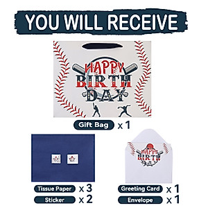13” Large Baseball Happy Birthday Gift Bag Set with Handles, Greeting Card, Tissue Papers and Stickers for Boys Kids Teens, Sport Themed Birthday Design, 1 Pcs