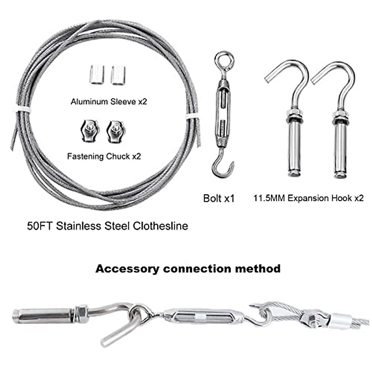 Vousile 50ft Clothesline Outdoor, 50' Stainless Steel Clothesline Wire Kit Heavy Duty Clotheslines Rope for Camping Travel Drying