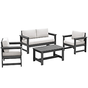 SERWALL 4 Pieces Outdoor Conversation Sofa Set with Cushions, HDPE Outdoor Couch Loveseat Furniture with Side Table All Weather Use for Patio, Balcony, Deck, Poolside, Grey Frame with Khaki Cushions