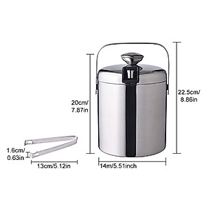 Ice Bucket Insulated with Tongs, Lids, Strainer 1.3 QT, Stainless Steel Insulated Double Wall Bar Ice Bucket Set for Wine, Champagne, Whiskey, Vodka, Cocktails, Beer
