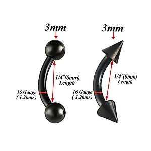 bodyjewellery Cartilage Earring Eyebrow Piercing Spike Lip Rings Balls 16g Curved Barbell Surgical Steel Conch Rook Labret 1/4 6mm Black