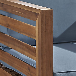 GDFStudio Outdoor Acacia Wood Club Chair with Cushion, Teak Finish and Blue