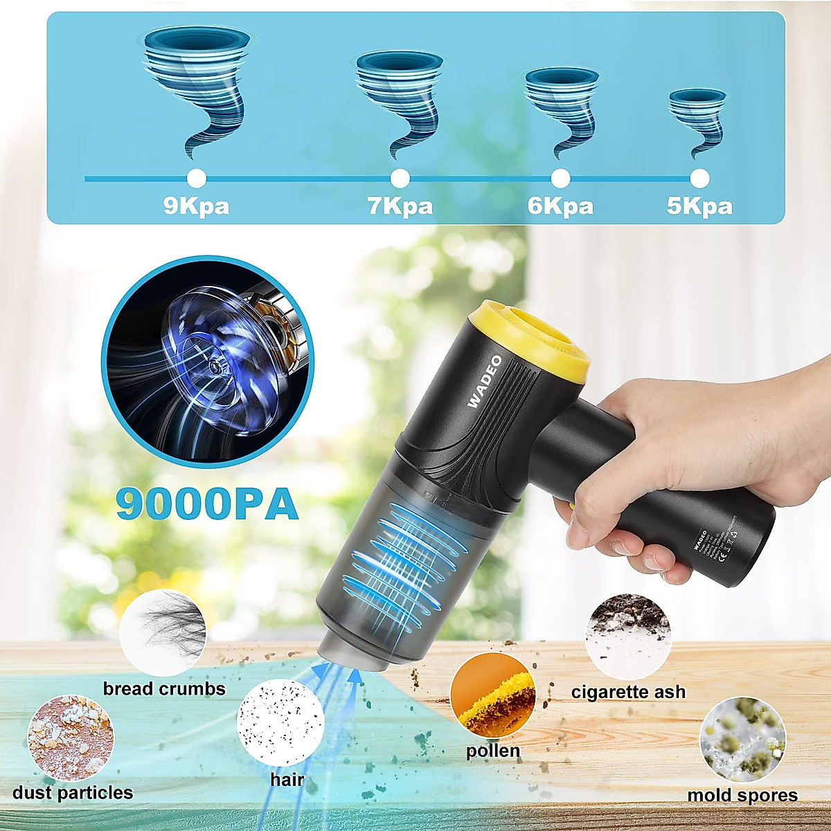 WADEO Handheld Vacuum Cordless, Car Vacuum Cordless Rechargeable 9000Pa, Hand Held Vacuum, Mini Vacuum with Blower, Portable Car Vacuum with LED Light, Wireless Vacuum Cleaner for Home Pet & Office