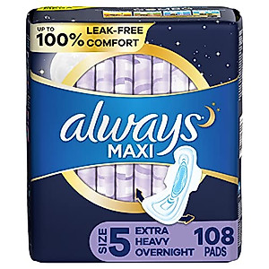 Always Maxi Feminine Pads For Women, Size 5 Extra Heavy Overnight Absorbency, Multipack, With Wings, Unscented, 36 Count x 3 Packs (108 Count total)