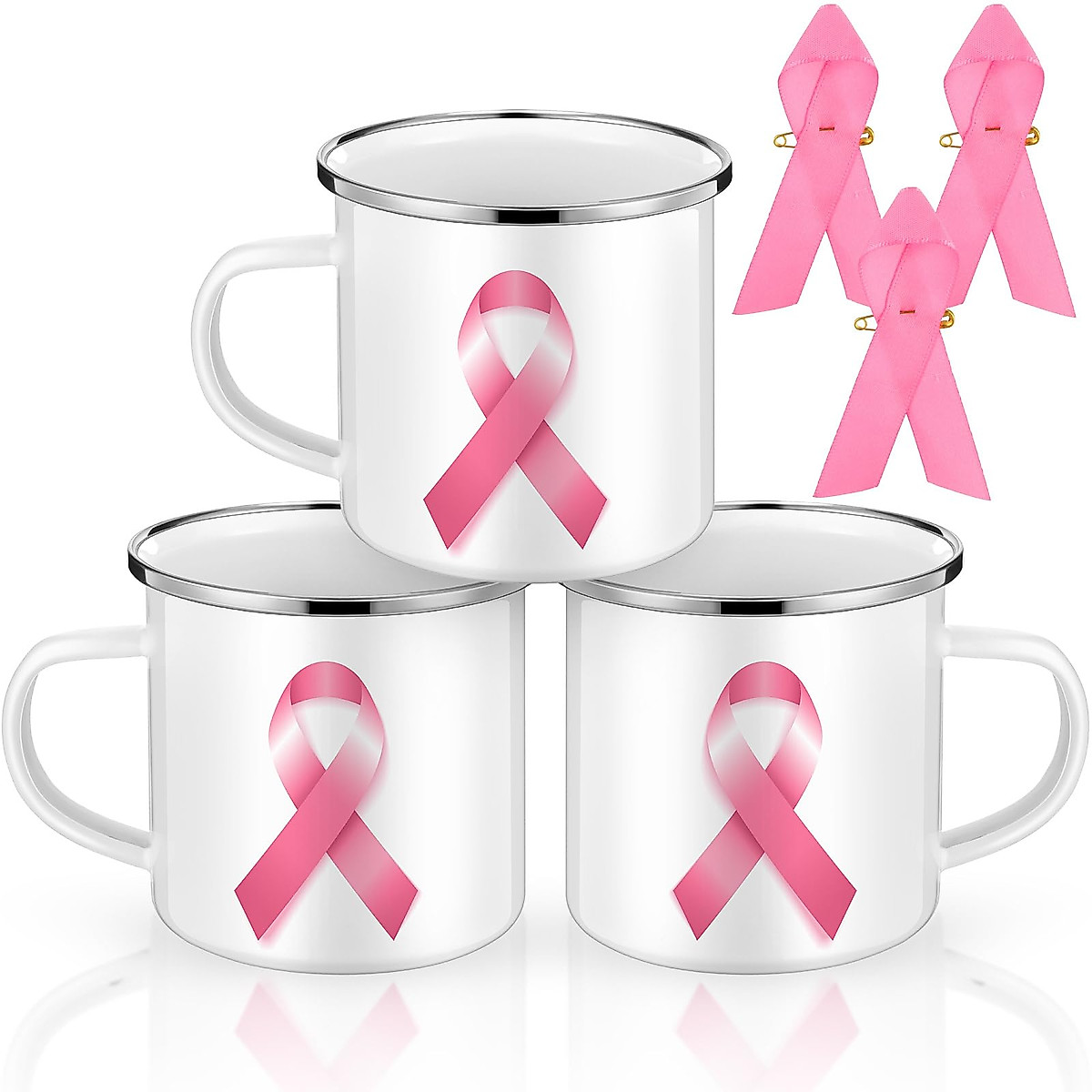 Potchen 3 Set Breast Cancer Awareness Mini Coffee Mug with Pink Ribbon Pin Pink Ribbon Enamel Mugs Breast Cancer Mini Drinking Cups for Tiered Tray Decoration Breast Cancer Survivor Gifts for Women