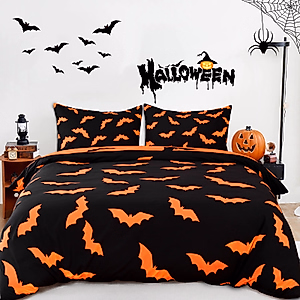 ASPMIZ 3 Piece Halloween Duvet Cover Queen Size Set, Black Bats Duvet Cover Set with Zipper Closure, Orange Flying Bat Comforter Cover Set 1 Duvet Cover 90 x 90 inches & 2 Pillow Shams