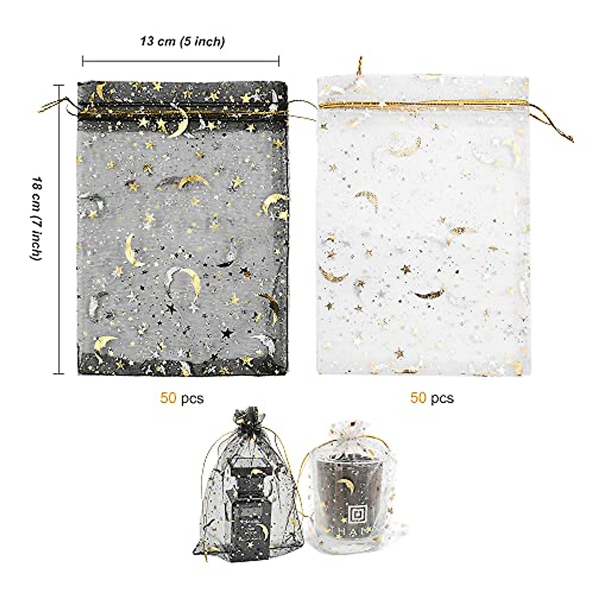souG Organza Gifts Bags, 5x7 100Pcs Sheer Organza Drawstring Pouches Stars and Moon Wedding Party Favor Jewelry Candy Gift Bags (White and Black).