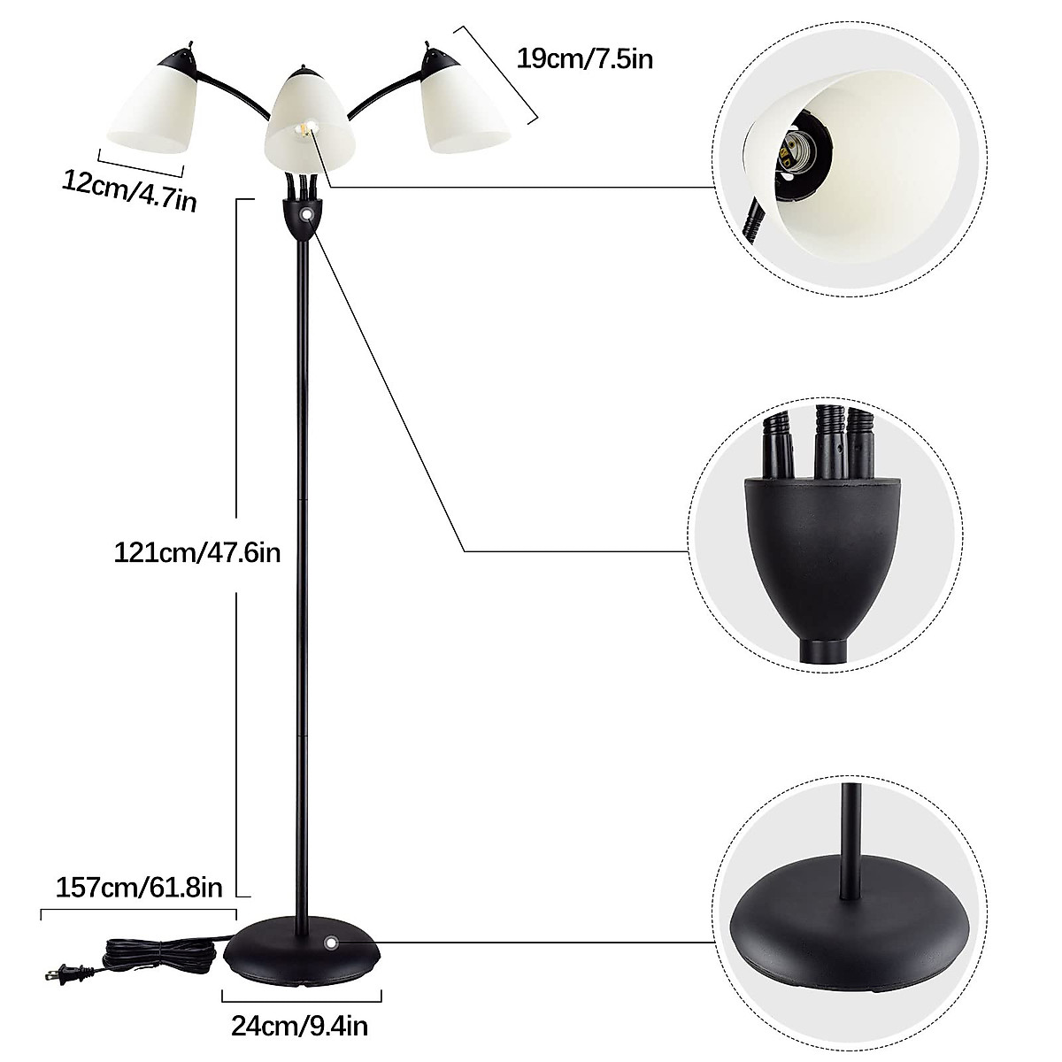 DINGLILIGHTING DLLT Modern Reading Floor Lamp, 3-Light with Adjustable Flexible Gooseneck Tree Standing Lamp for Living Room, Bedroom, Study Room, Office -Black Metal White Shades, E26 Base, UL