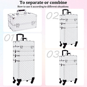 AROUS Rolling Makeup Train Case Large Storage Cosmetic Trolley 4 in 1 Large Capacity Trolley Makeup Travel Case with Key Swivel Wheels Salon Barber Case Traveling Cart Trunk, Silver