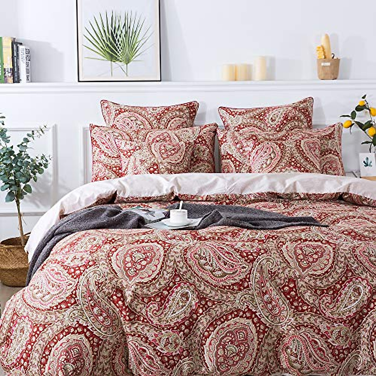 FADFAY Paisley Duvet Cover Set 100% Cotton Ultra Soft Red and Beige Reversible Paisley Bedding Set with Hidden Zipper Closure 3 Pieces, 1Duvet Cover & 2Pillowcases, King/California King Size