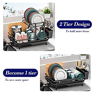 TOOLF 2 Tier Dish Drying Rack, Dish Rack for Kitchen Counter, Free Assembly Foldable Drainboard and Drainer with Wooden Utensil Holder for Kitchen Sink, Black