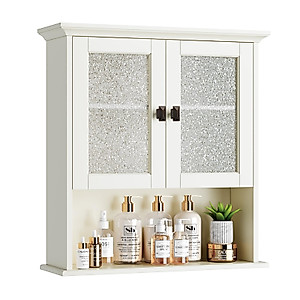 MXARLTR Wall Mount Bathroom Storage Cabinet, Medicine Cabinet with Tempered Glass Door and Buffering Hinge Over Toilet Storage Cabinet Wall Mounted Organizer Above Toilet Storage Cabinet (Cream White)