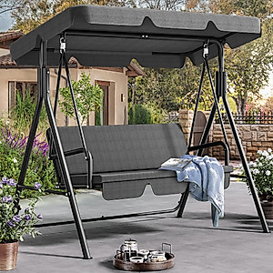 DWVO Patio Swing Front Porch Swing for Adults 3 Seat Porch Swings with Adjustable Canopy Outside Swing Bench with Removable Cushion, Suitable for Backyard, Garden, Yard, Poolside, Balcony (Gray)