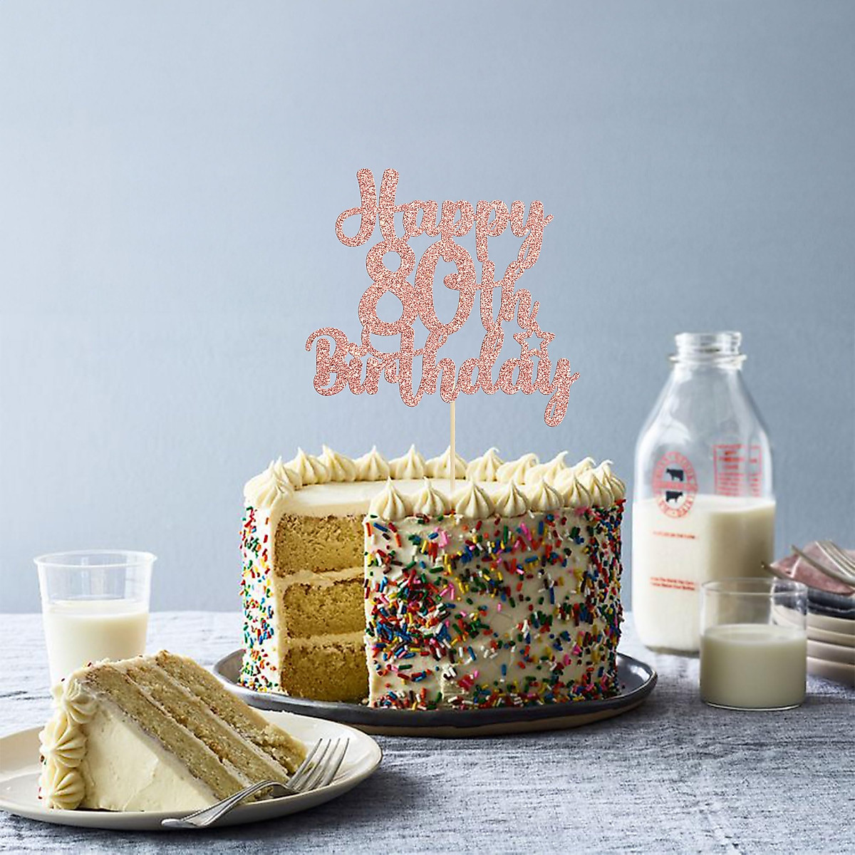 Gyufise 1Pc Happy 80th Birthday Cake Topper Glitter Cheers to 80 Years Old Birthday Cake Pick for Happy 80th Birthday Anniversary Party Cake Decorations Supplies Rose Gold