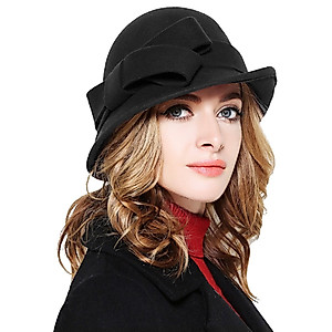 Bellady Women Solid Color Winter Hat 100 percent Wool Cloche Bucket with Bow Accent,Black, One Size