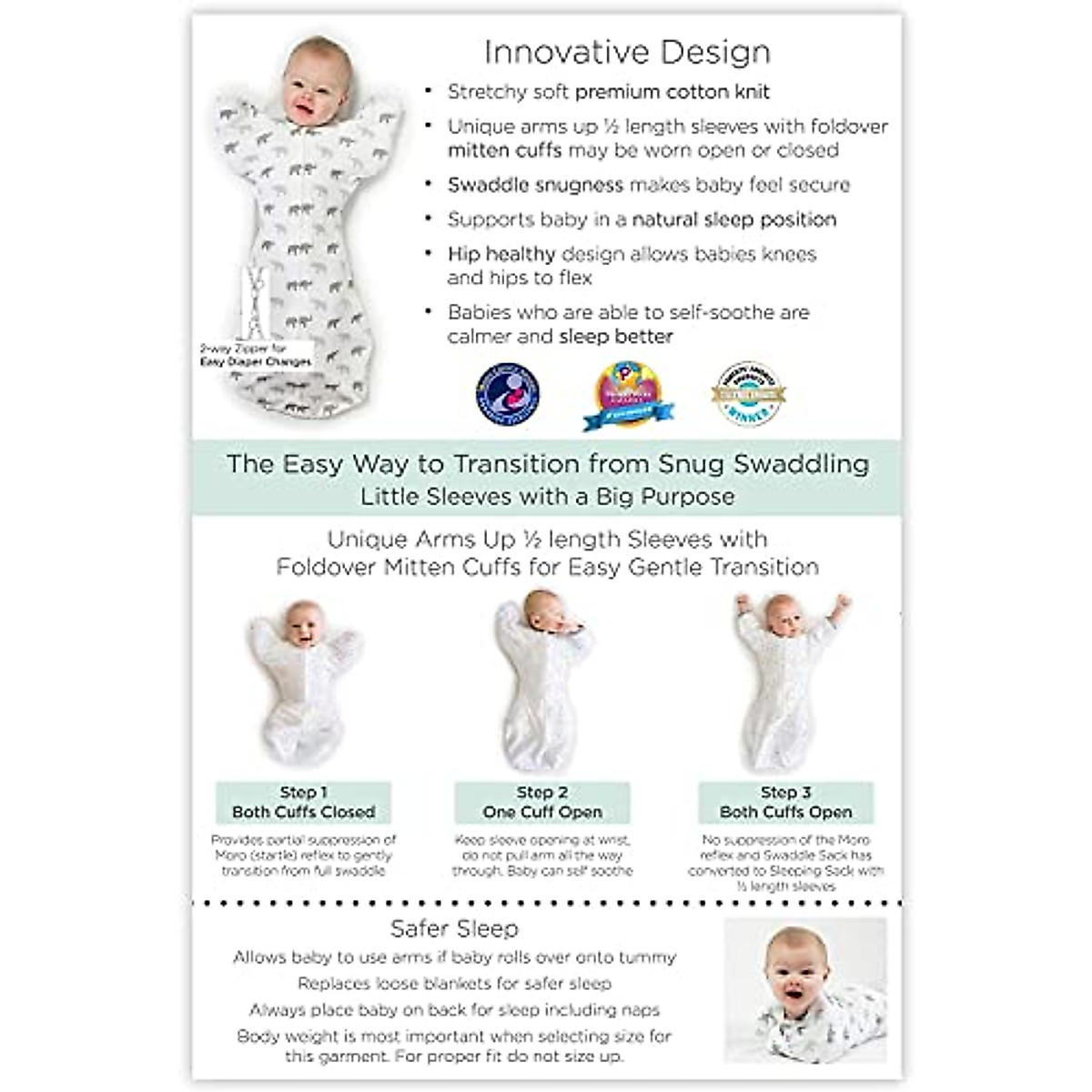 Amazing Baby Transitional Swaddle Sack with Arms Up Half-Length Sleeves and Mitten Cuffs, Little Zebra, Medium, 3-6 mo, 14-21 lbs (Better Sleep for Baby Boys, Baby Girls, Easy Swaddle Transition)