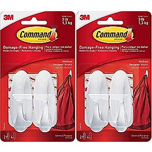 Command Plastic Designer Hooks BP1PTF, Medium, White, 4-Hooks