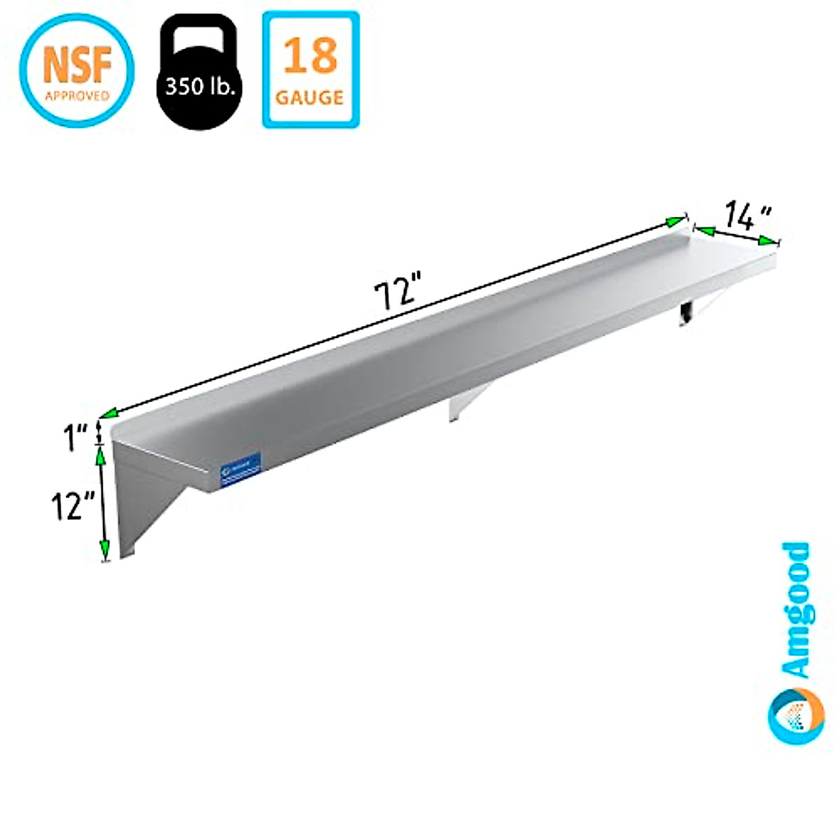 AmGood Stainless Steel Wall Shelf | Square Edge | Heavy Duty | Commercial Grade | Wall Mount | NSF Certified (14" Width x 72" Length)