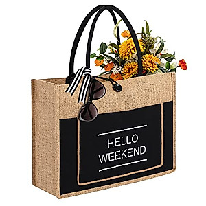 Trifabricy Beach Bag for Women - Large Jute Straw Beach Tote Bag, Hello Weekend Embroidery Canvas Tote Bag, Weaving Swim Gym Shopping Travel Bag, Black