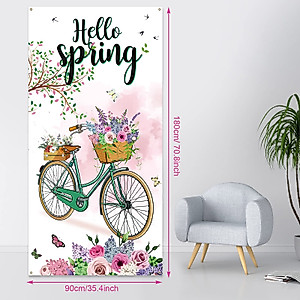 Hello Winter Welcome Porch Sign Door Cover Banner Winter Party Decoration Backdrop Floral Bike Banner Large Seasonal Door Banner Background Door Cover, 70.8 x 35 Inch (Spring Style)