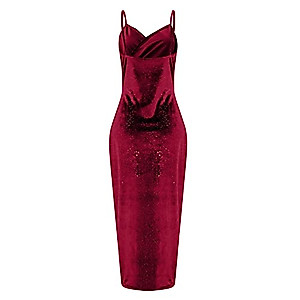 Vestidos De Mujer, Rojos para Mujer Elegantes Wedding Guest Dress for Women De Fiesta Cortos Women's Sleeveless Strap Wrap V Neck Ruched Slit Party Cocktail Midi Glitter Dress (M, Red)