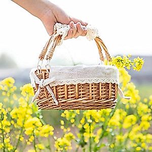 Wicker Basket with Handles, Woven Willow Storage Basket for Picnic,Decoration,Gift,Wedding (Beige Lace)