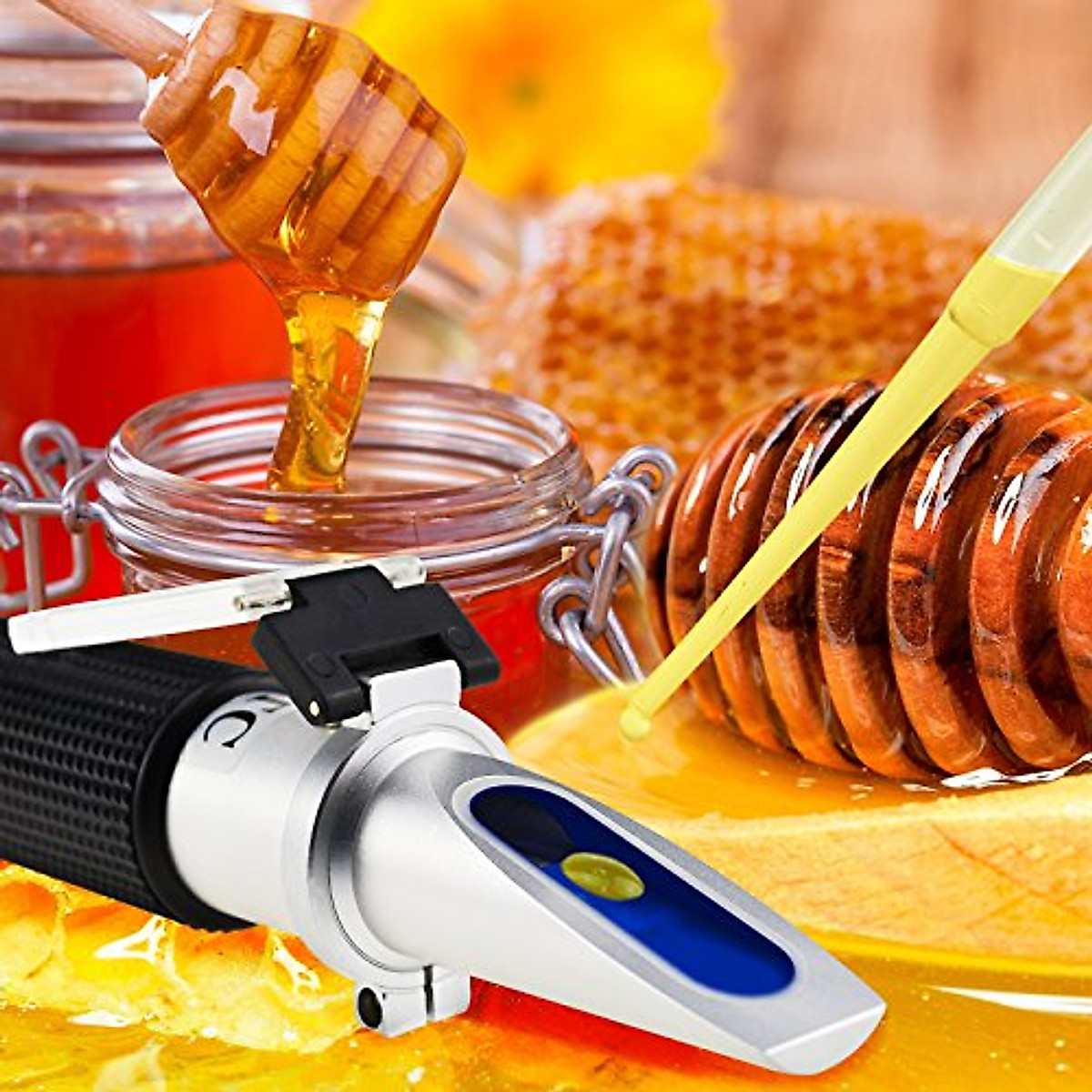 Optics Honey Sugar Moisture Brix Baume Refractometer ATC, Tri-Scale 58-90% Brix, 38-43 Be'(Baume) 12-27% Water, Beekeeping, Maple, w/Extra Dioptric Oil (for Calibration), Reference
