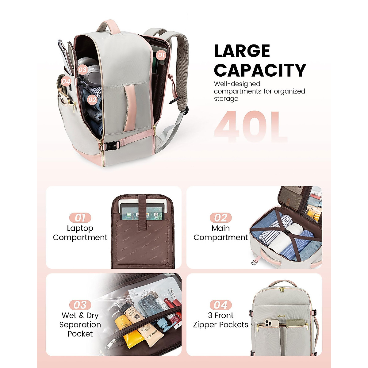LOVEVOOK Carry On Backpack, 40L Travel Backpack Women with 3 Packing Cubes, TSA Airline Approved Suitcase Bag as Personal Item, Waterproof 17 inch Laptop Backpack for Weekender Overnight,Grey Pink