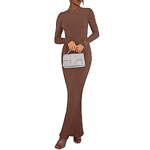 REORIA Women's Sexy Casual Crew Neck Lounge Slimming Long Dress Elegant Wedding Guest Long Sleeve Ribbed Bodycon Maxi Dresses Coffee Small