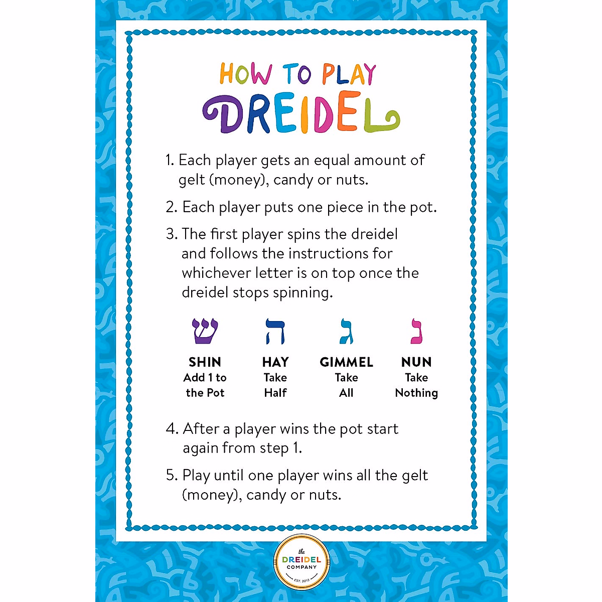 The Dreidel Company Extra Large Blue & White Hand Painted Wooden Hanukkah Dreidels - Includes Game Instruction Cards- (10-Pack XL)