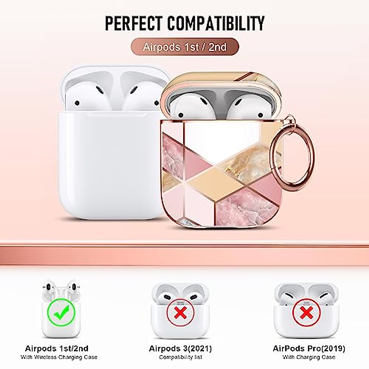 Maxjoy for AirPods 2nd Generation Case, Graceful Marble Hard Protective Shockproof Airpods Case Cover with Keychain Compatible with Apple AirPods 1st and 2nd Charging Case for Women Men,Pink Yellow