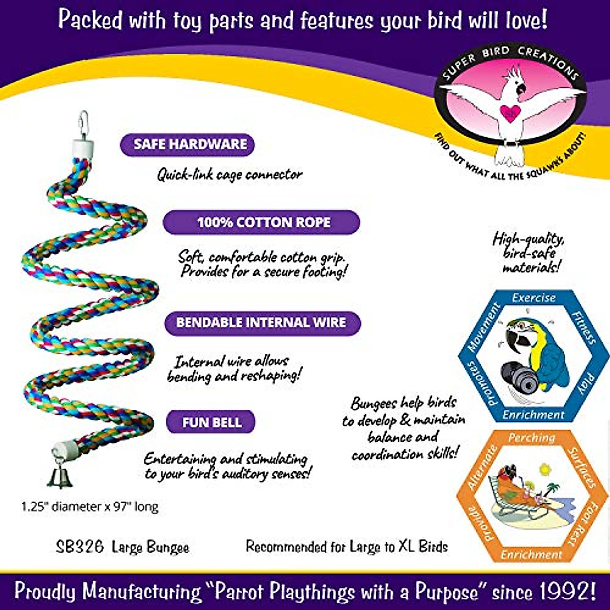 Super Bird Creations SB326 Colorful Cotton Bungee Rope Bird Toy, Large/XL Bird Size, 1.25” Diameter x 97”,Varies