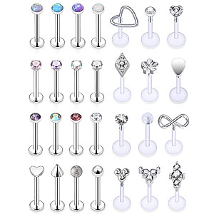 Vsnnsns 16G Lip Rings Stainless Steel Opal Labret Monroe Lip Rings Nail Cartilage Tragus Helix Earrings Studs Ring Medusa Piercing Jewelry Retainer For Women Men Silver 8mm 28PCS