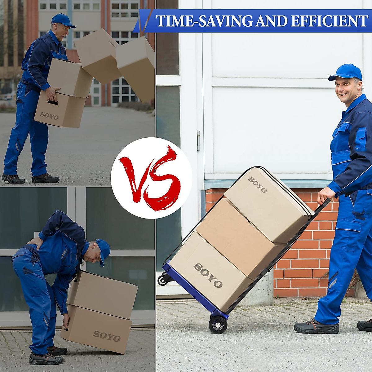 SOYO Folding Hand Truck, 265 LB Capacity Dolly Cart for Moving, Heavy Duty Fold Up Shifter Trolley Collapsible Portable Luggage Cart with 4 Wheels for Travel Shopping Office Use, Blue