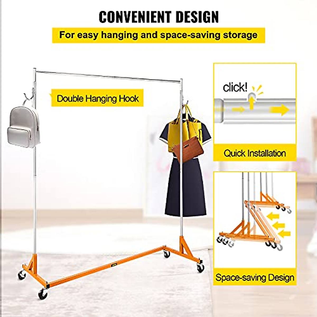 VEVOR Z Rack, 300 lbs Industrial Grade Z Base Garment Rack, 24" x 63" x 71" Height Adjustable Clothes Rack, Sturdy Steel Heavy Duty Clothing Rack w/ Lockable Casters for Home Garment Store Orange