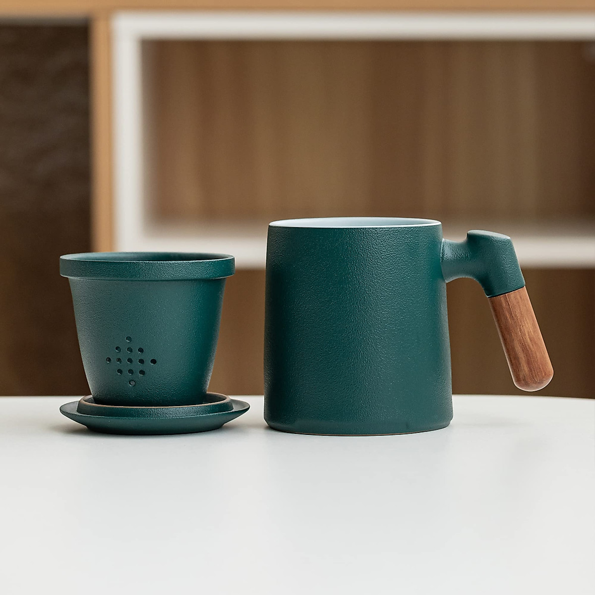 HEER Ceramic Infusion Tea Mug with Infuser and Lid for Steeping Loose Leaf Tea, Chinese Modern Wooden Handle Diffuser Coffe Tea Cup for Home Office. 13.5oz (400ml) (Green)