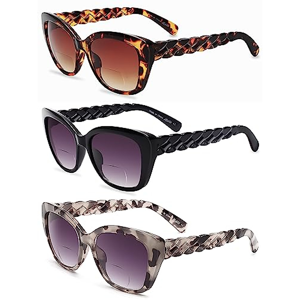 LADEESSE Bifocal Sunglasses For Women Cateye Stylish Reading Glasses 3 Pack UV400 Magnifying Readers Glasses +2.25