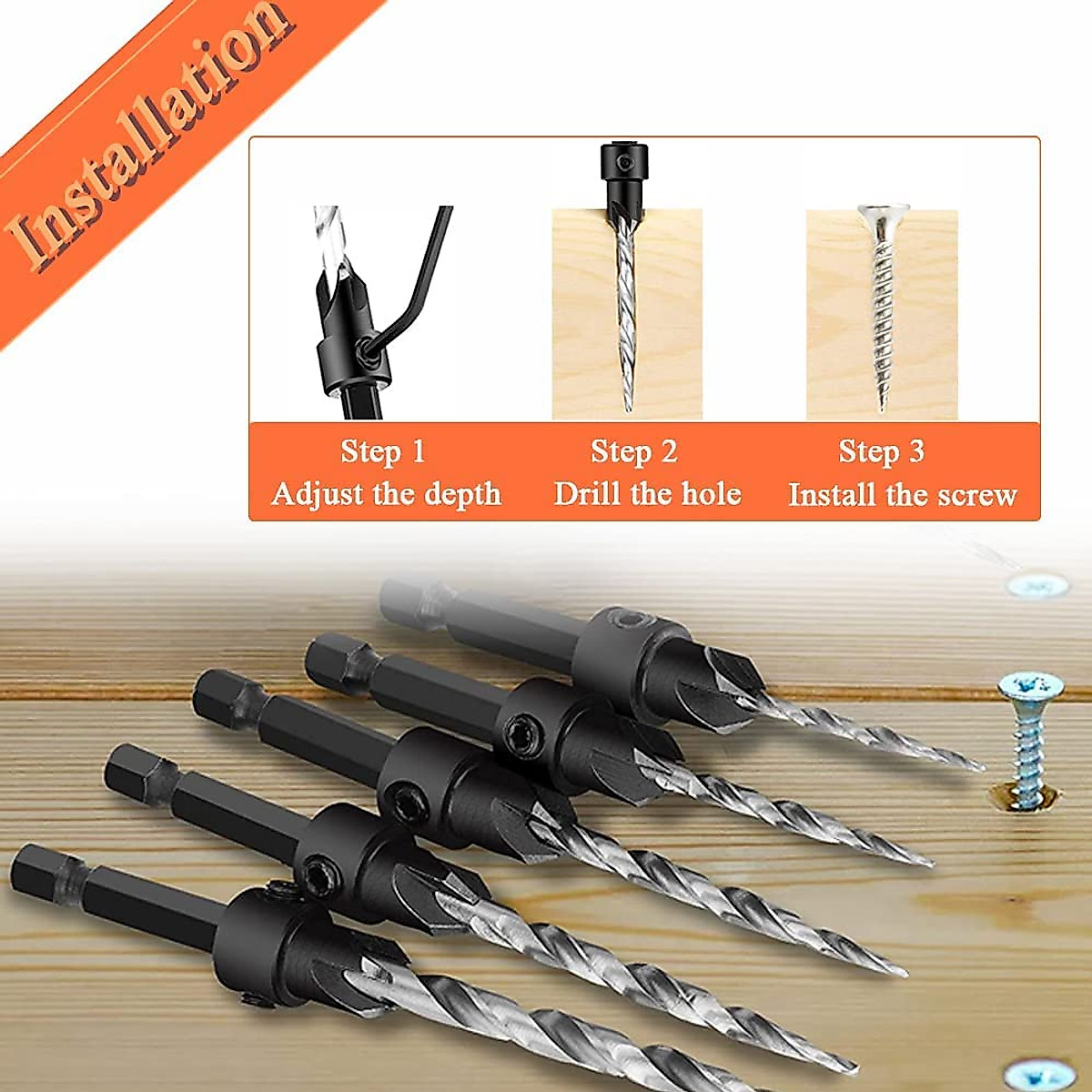 5 Pcs Countersink Drill Bits, Bestgle High Speed Steel Counter Sinker Drill Bits with Chamfering Combination for Woodworking, Imperial Hex Shank HSS Taper Bits 9/64", 3/16", 7/32", 11/64", 7/64"