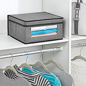 mDesign Medium Fabric Stackable Closet Storage Organizer Box with Front Window/Lid for Bedroom, Office, Mudroom Organization, Hold Clothes, Blankets, Linens, Lido Collection, Dark Gray/Black