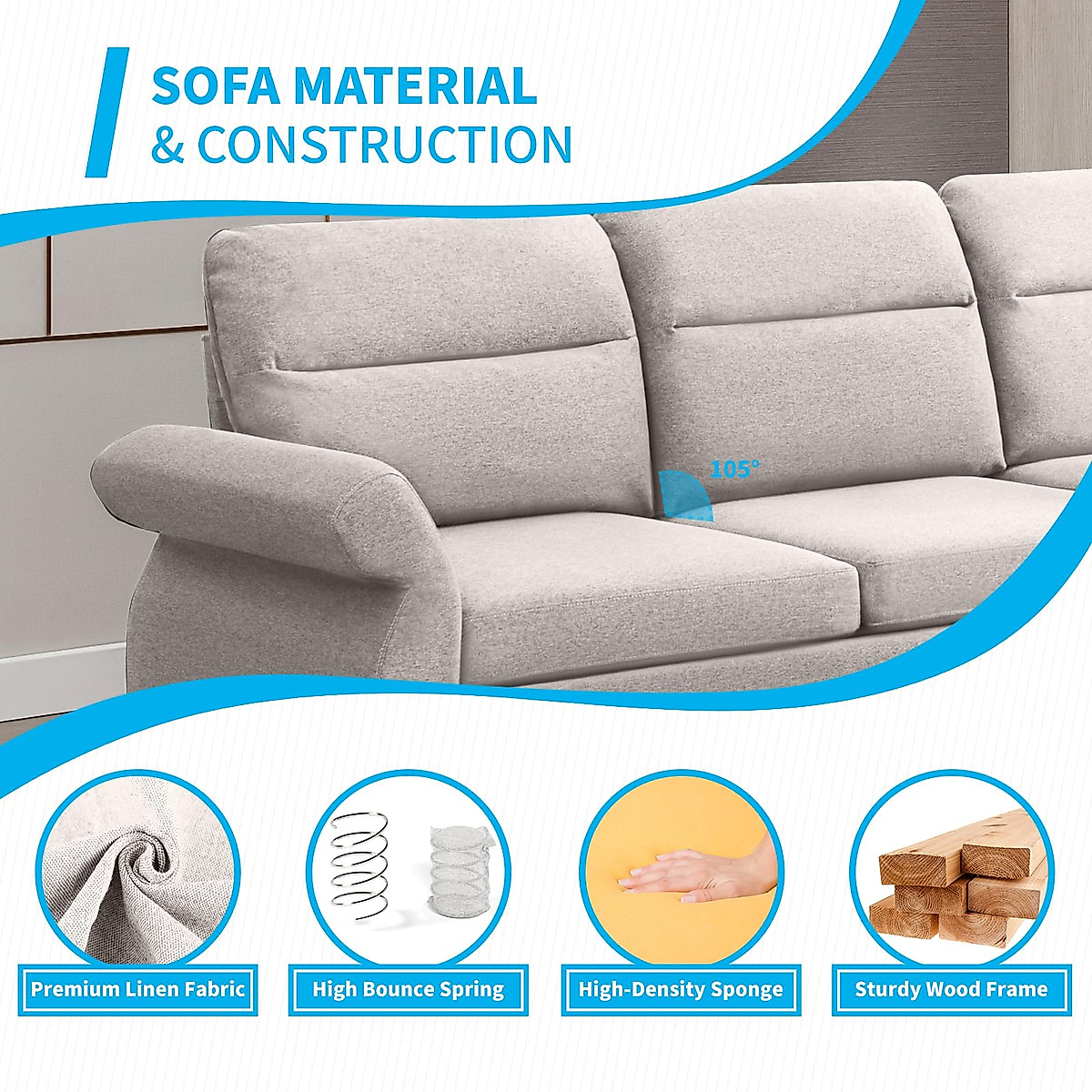 Mjkone 86" Convertible Sectional Sofa Couch, 3 Seat Sofas with 2 USB Ports and Adjustable Armrest, L Shaped Couch with Reversible Chaise, Couches for Living Room Apartment Office - Beige