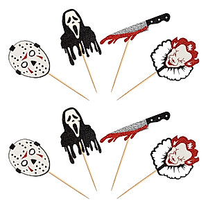 Ercadio Horror Movie Cupcake Toppers, 24pcs Glitter Ghost Picks for Halloween, Birthday Party Cake Decorations Supplies