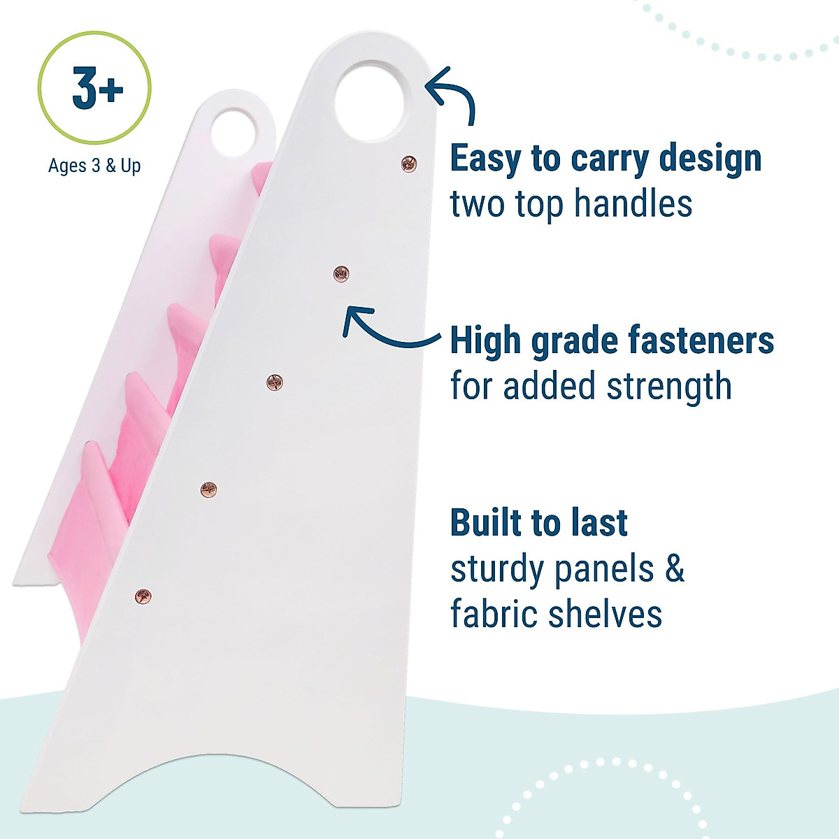 Wildkin Kids Modern Sling Bookshelf for Boys and Girls, Wooden Design Features Two Top Handles and Four Fabric Shelves, Helps Keep Bedrooms, Playrooms, and Classrooms Organized (White and Pink)